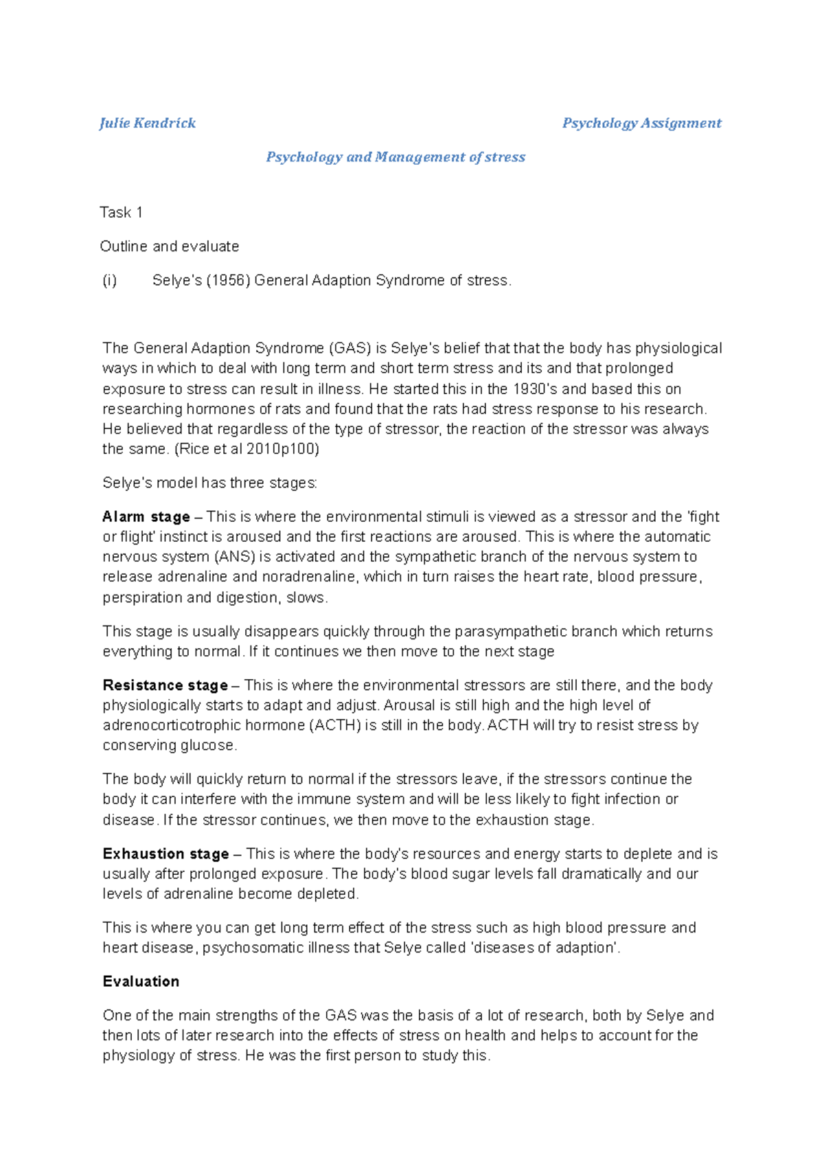 Psychology Assignment Stress - Julie Kendrick Psychology Assignment ...