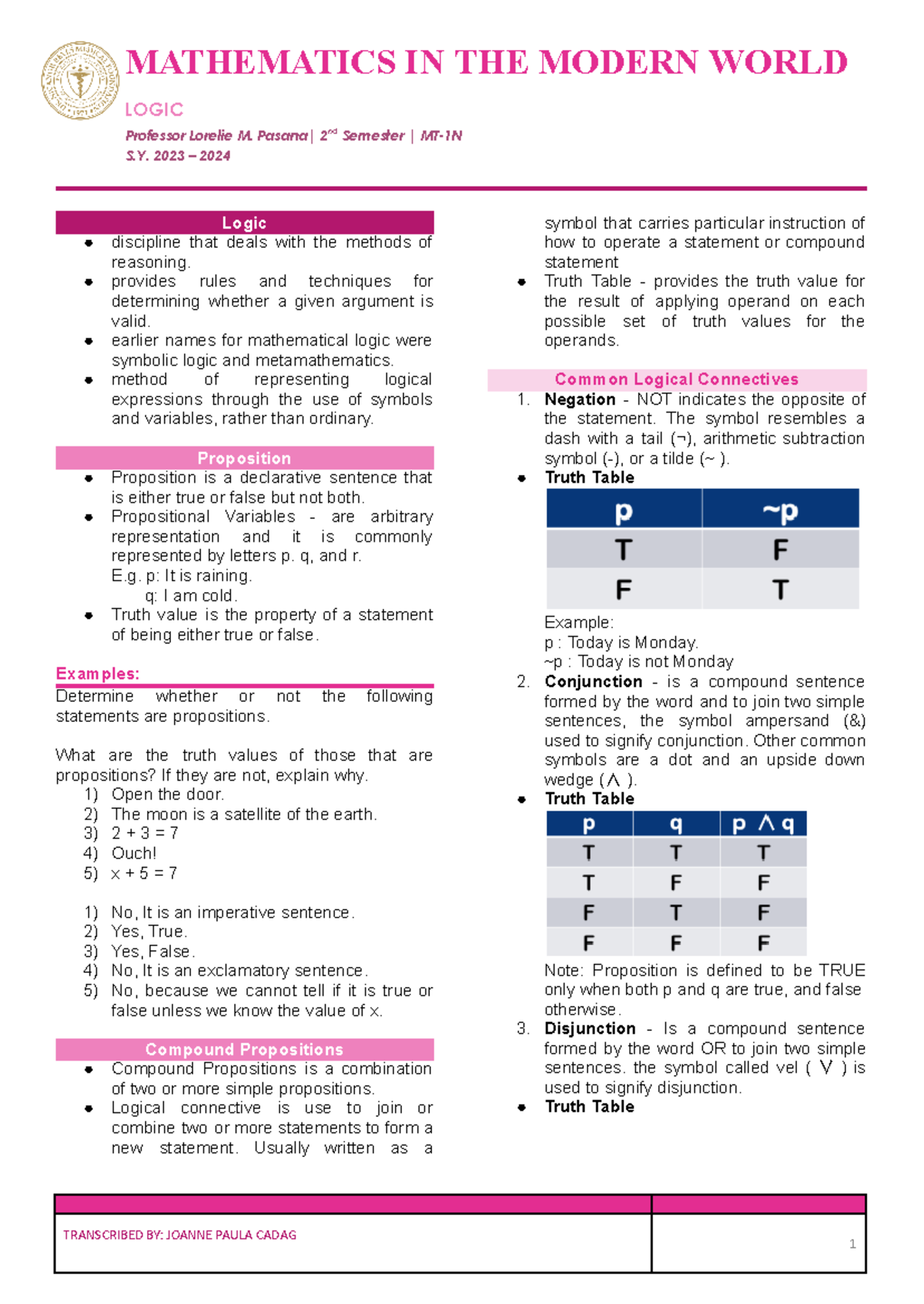 MMW W5 Trans - Module 7 Logic - MATHEMATICS IN THE MODERN WORLD LOGIC Professor Lorelie M ...
