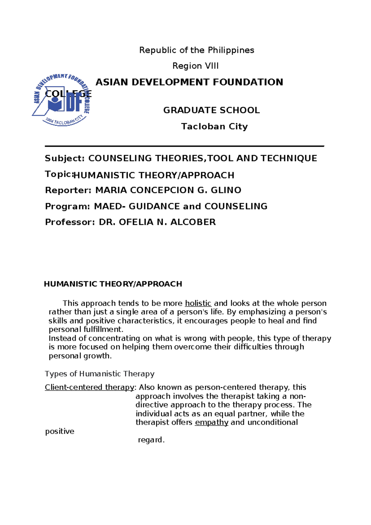 Counseling Theories WEEK 1 - Republic of the Philippines Region VIII ...