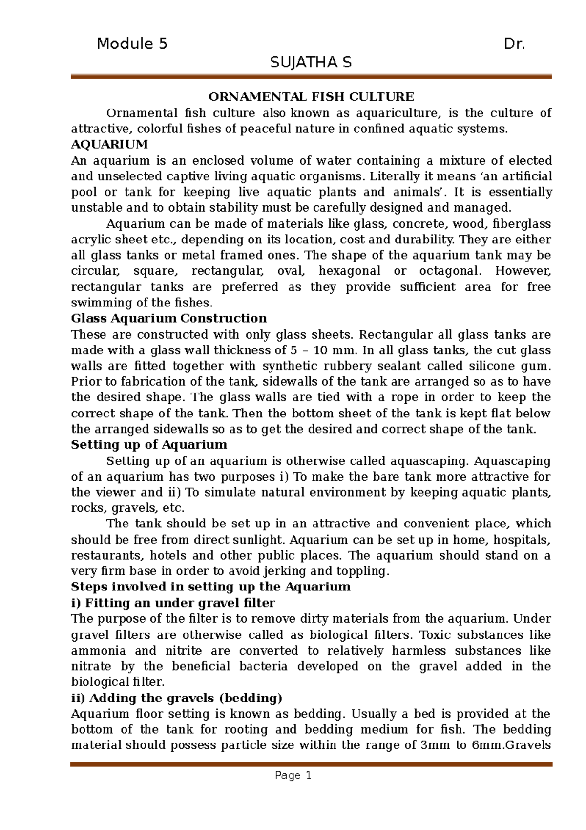 Ornamental fish culture S1 2021 - SUJATHA S ORNAMENTAL FISH CULTURE ...