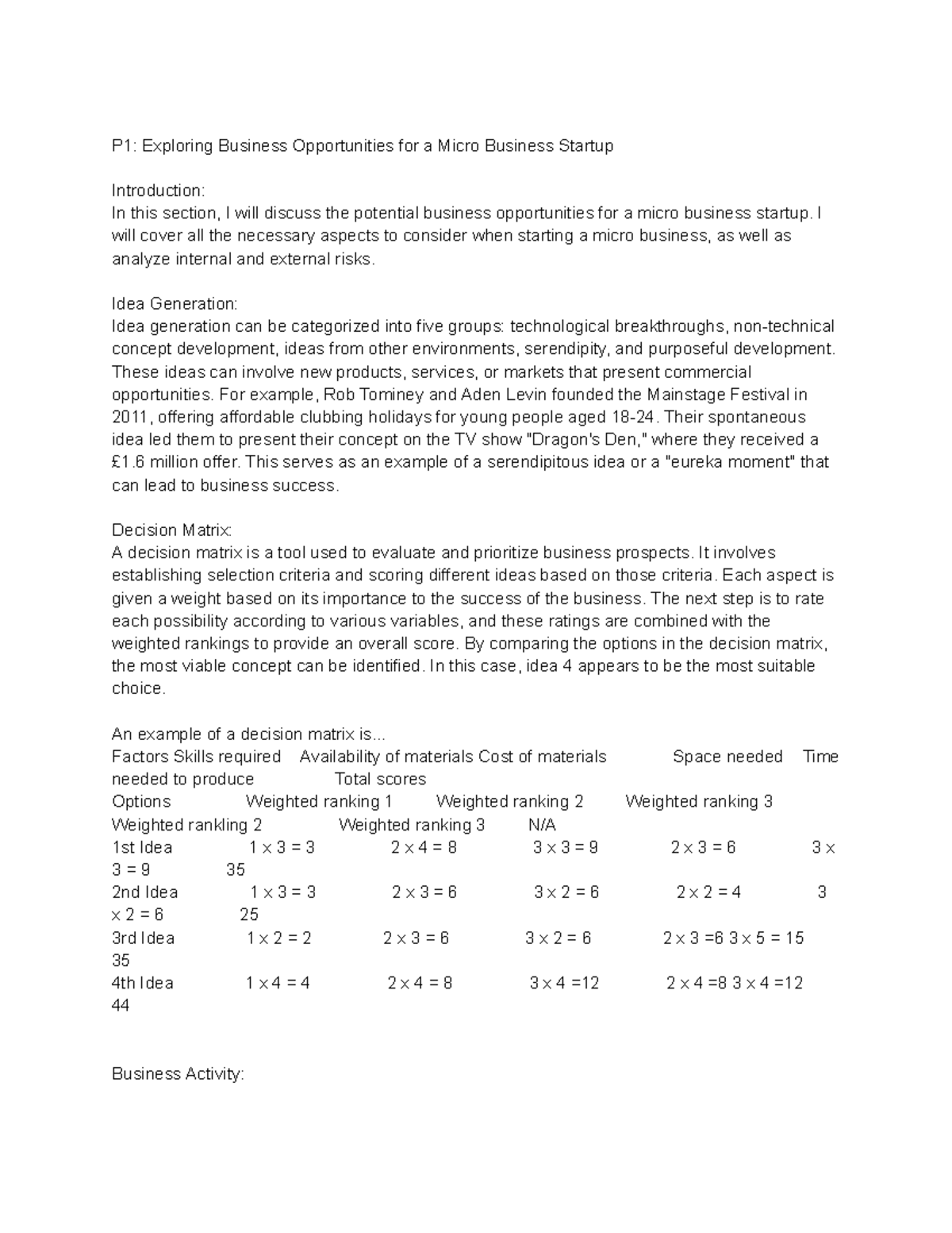 Unit 19 P1 - P1: Exploring Business Opportunities for a Micro Business ...