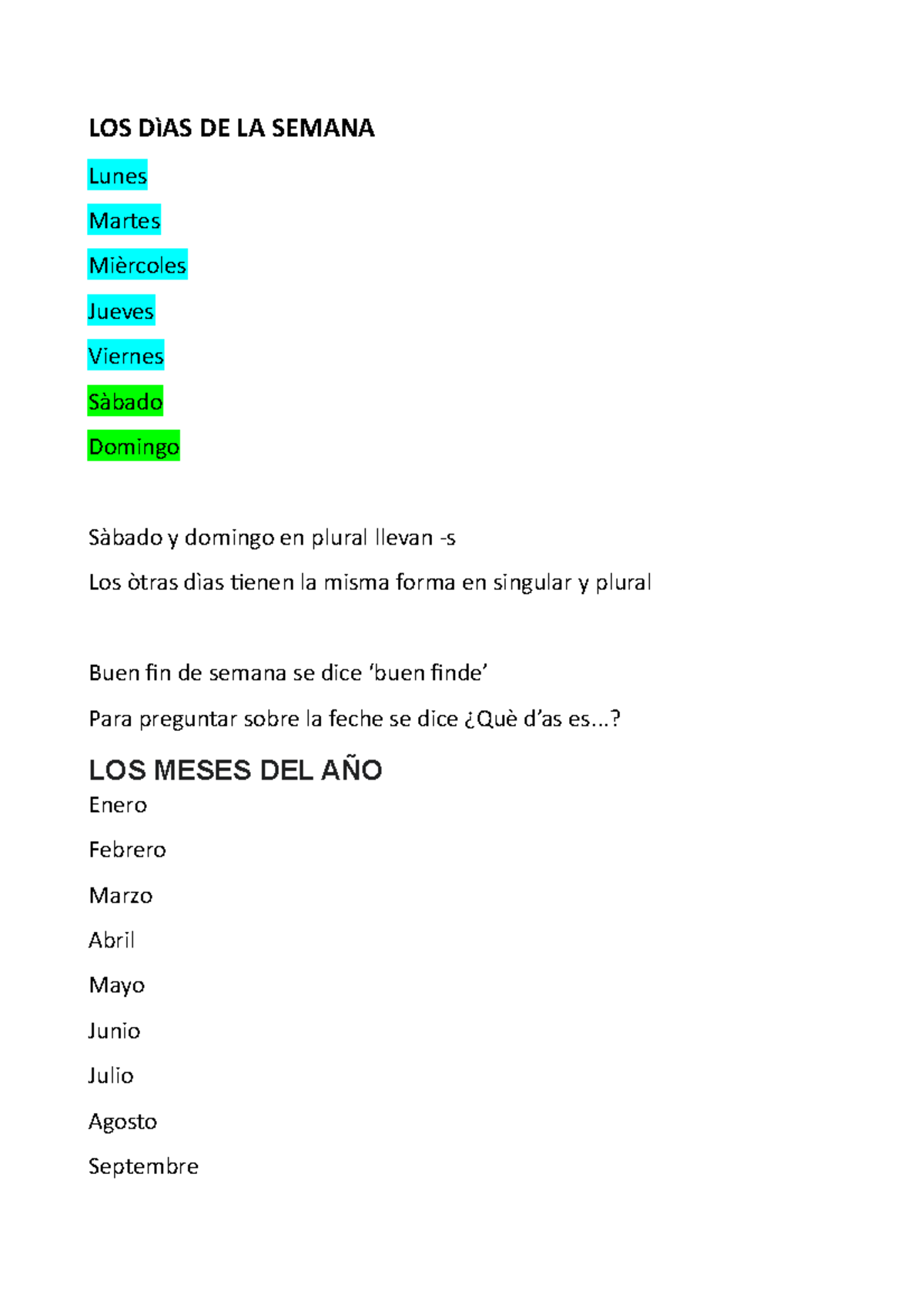 Dìas, meses, nùmeros - Gramática básica del estudiante de español - LOS ...