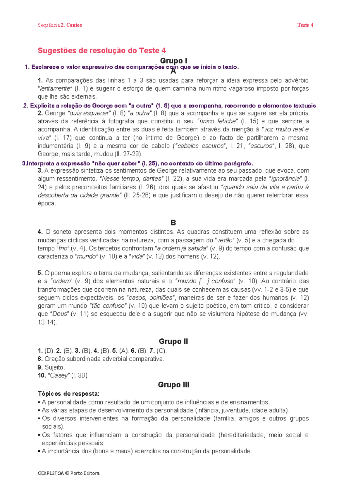 George- resolução teste 4 - Sequência 2. Contos Teste 4 Sugestões de ...
