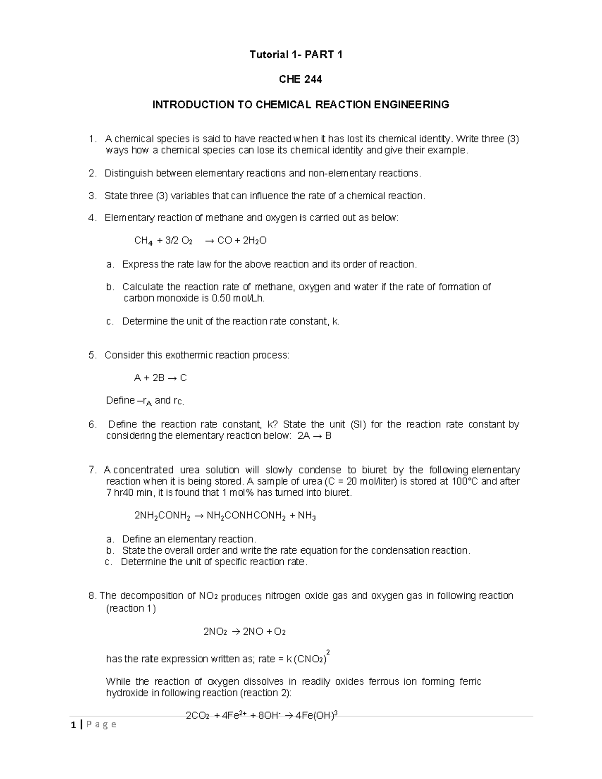 Tutorial PART 1- Chapter 1 - 1 | P a g e Tutorial 1- PART 1 CHE 244 INTRODUCTION TO CHEMICAL ...