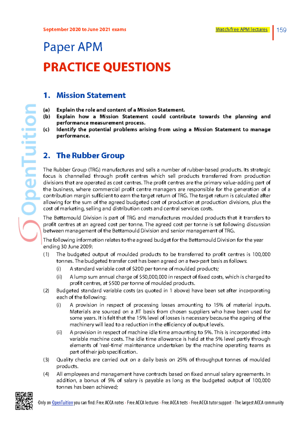 ACCA-APM-S20-Notes 09 - Paper APM PRACTICE QUESTIONS 1. Mission ...