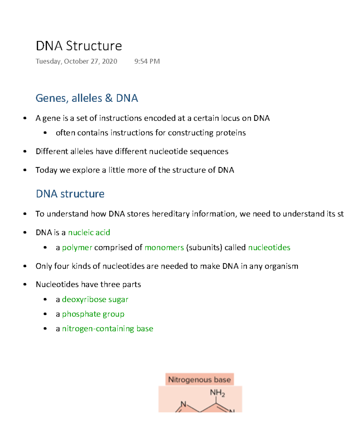 DNA Structure - notes - Genes, alleles & DNA A gene is a set of ...