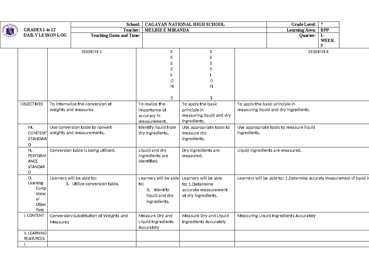 DLL WEEK 5 - Daily lesson log - GRADES 1 to 12 DAILY LESSON LOG School ...