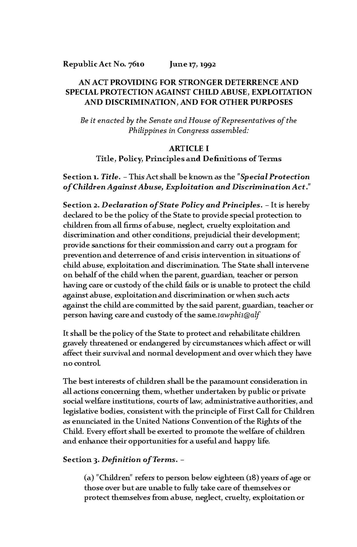 R.A. No. 7610 - R.A. No. 7610.docx - Republic Act No. 7610 June 17 ...