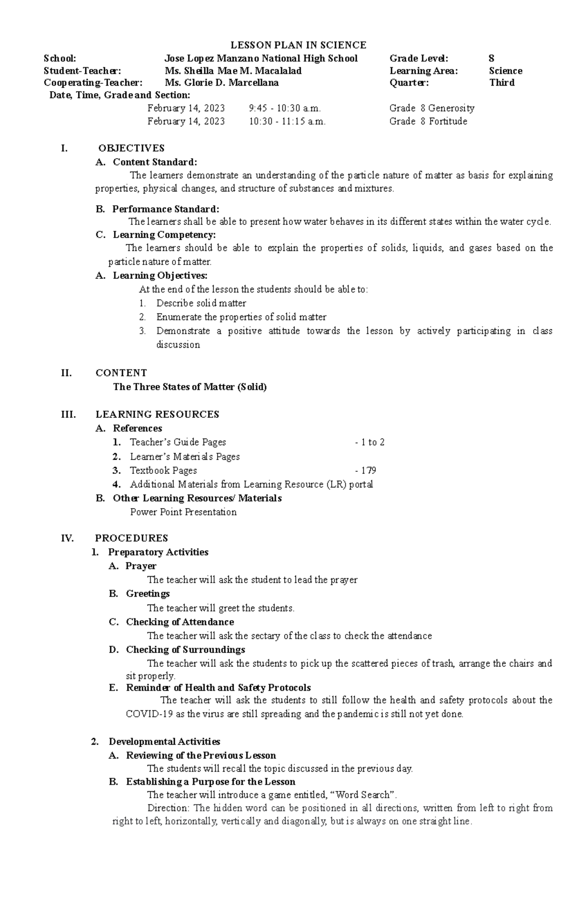 Day 2 Grade 8 Lesson Plan - LESSON PLAN IN SCIENCE School: Jose Lopez ...