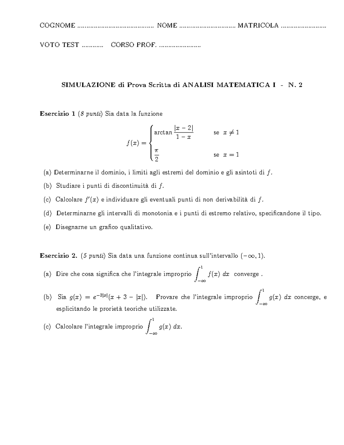 simulazione esame analisi 1 con studio di funzione - COGNOME - Studocu