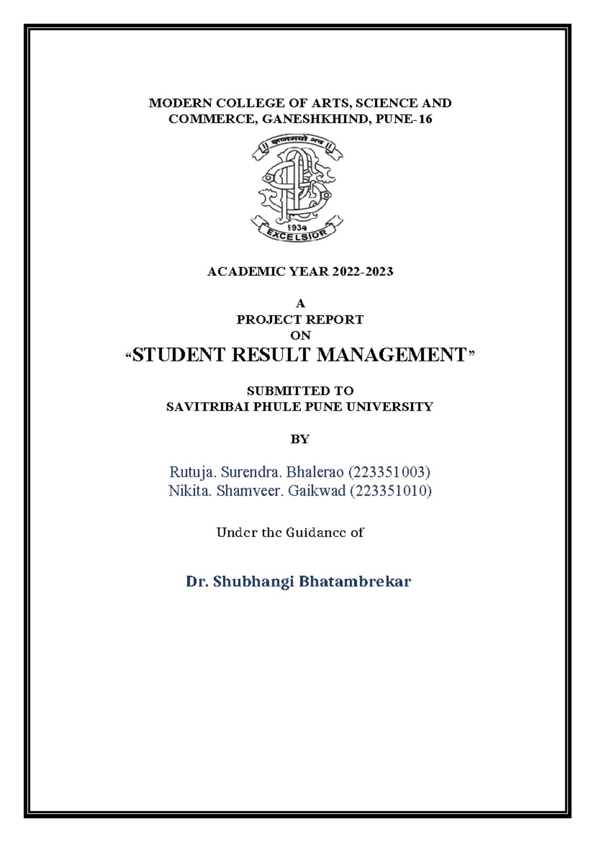 Project Report Student Result Management System - MODERN COLLEGE OF ...