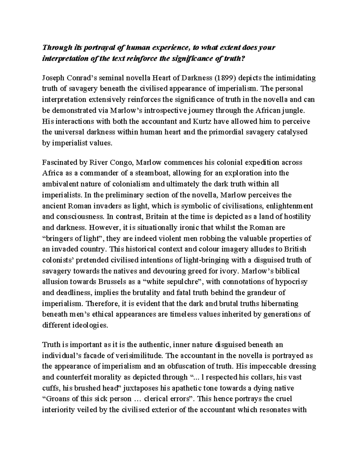 Truth Essay-Heartof Darkness - Through its portrayal of human ...