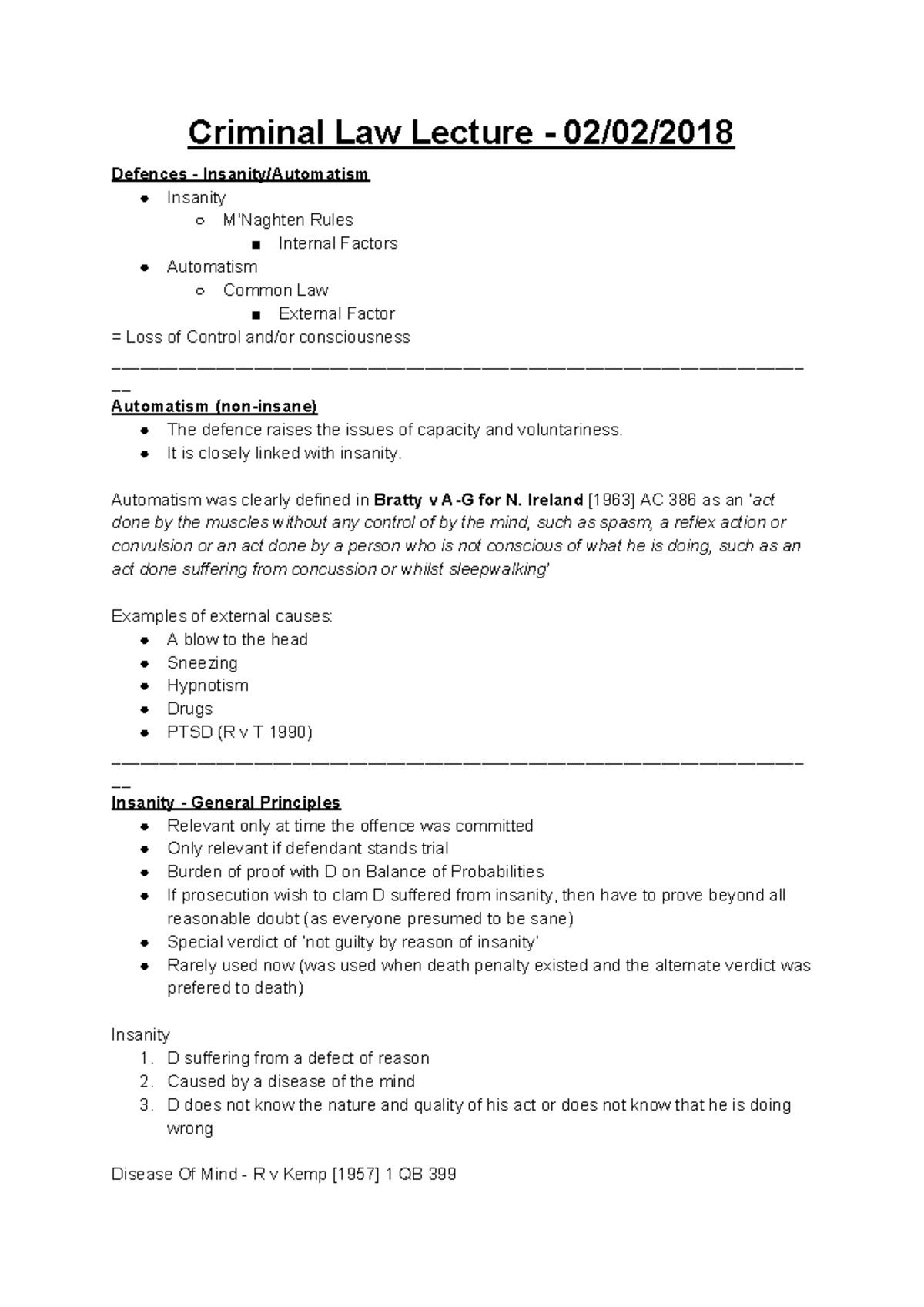 Criminal Law Lecture Insanity & Automatism - Criminal Law Lecture ...
