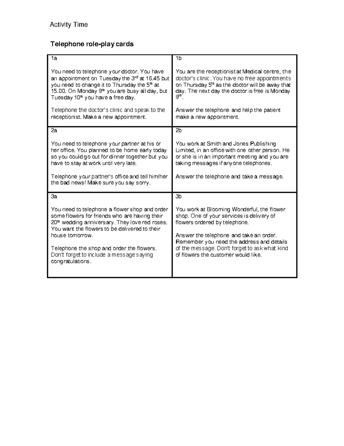 Role Play Activity Sheet - Activity Time Telephone role-play cards 1a ...