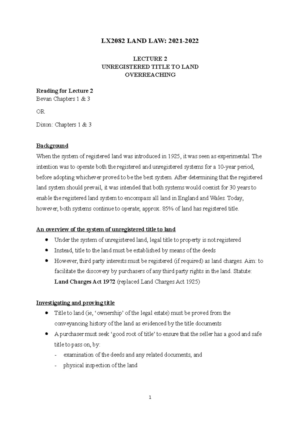 LX2082 Lecture 2 handout 2021-22 - LX2082 LAND LAW: 2021- LECTURE 2 ...