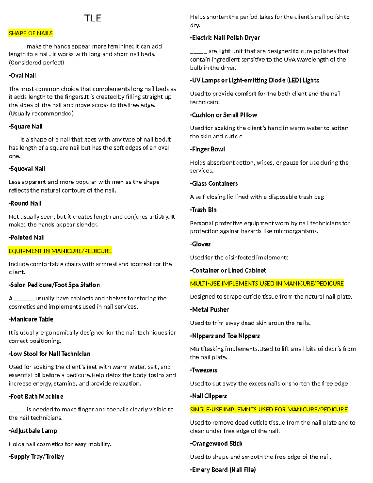 TLE Semi-Finals (4th Grading) - TLE SHAPE OF NAILS _____ make the hands ...