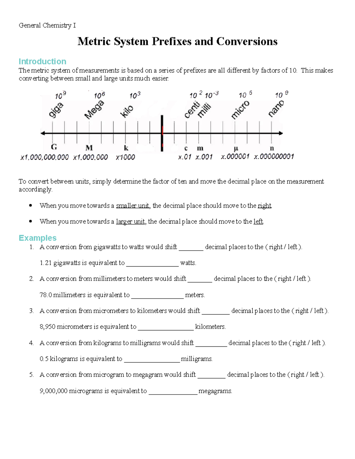 Metric - This is coursework for General Chemistry I. - General ...