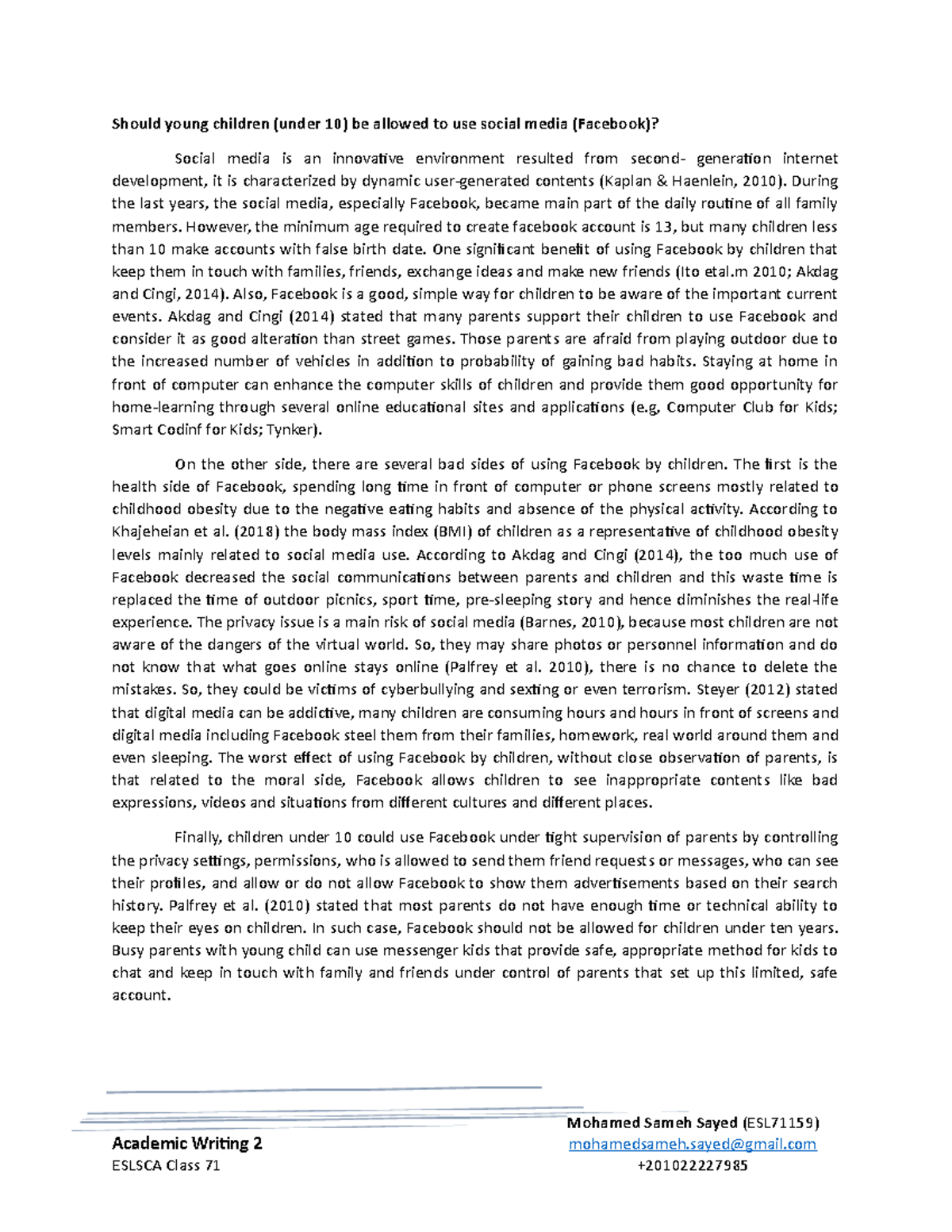 03.2 Social Media Essay (Mohamed Sameh Sayed ESL71159) - Should young ...