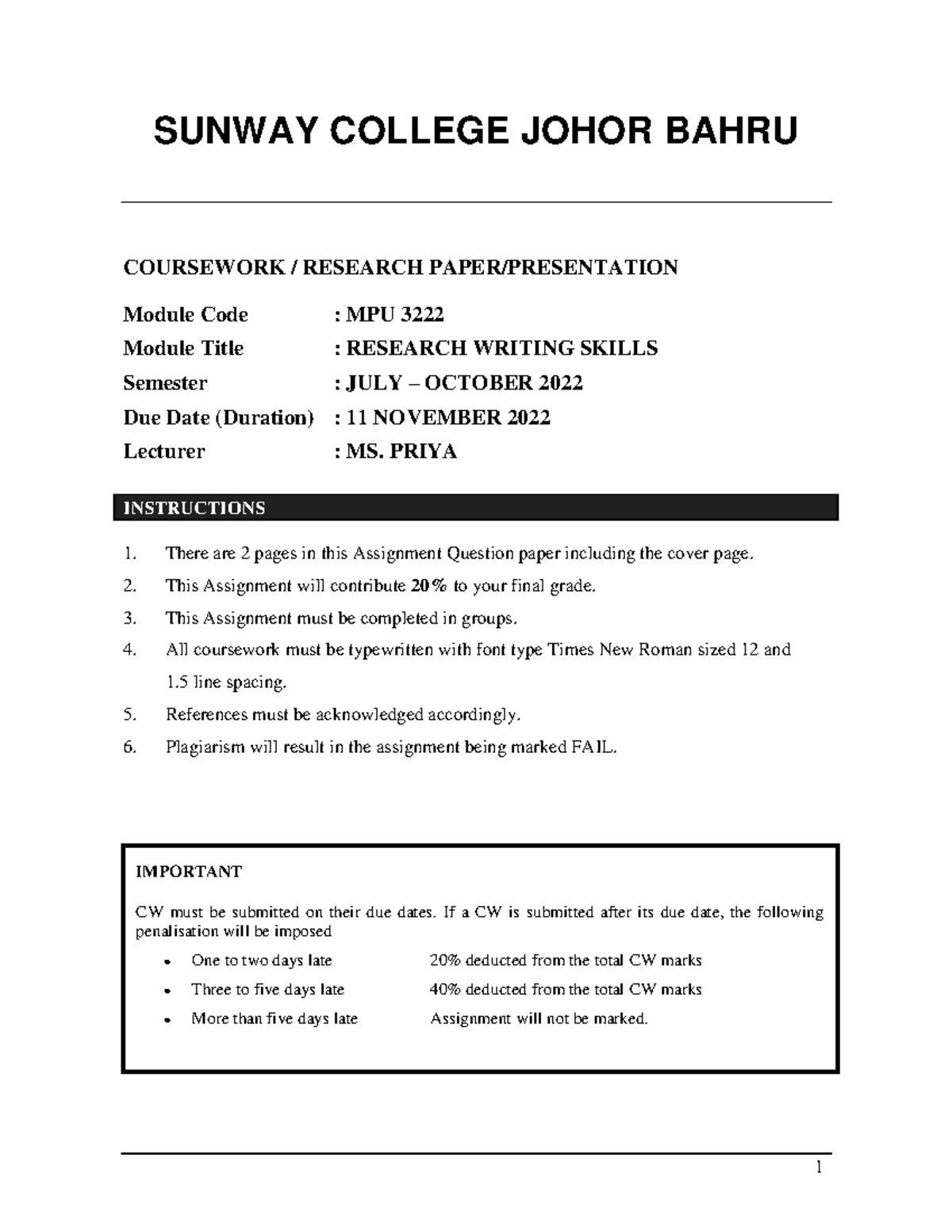 Research Paper QP VU - Priya - 1 SUNWAY COLLEGE JOHOR BAHRU COURSEWORK ...