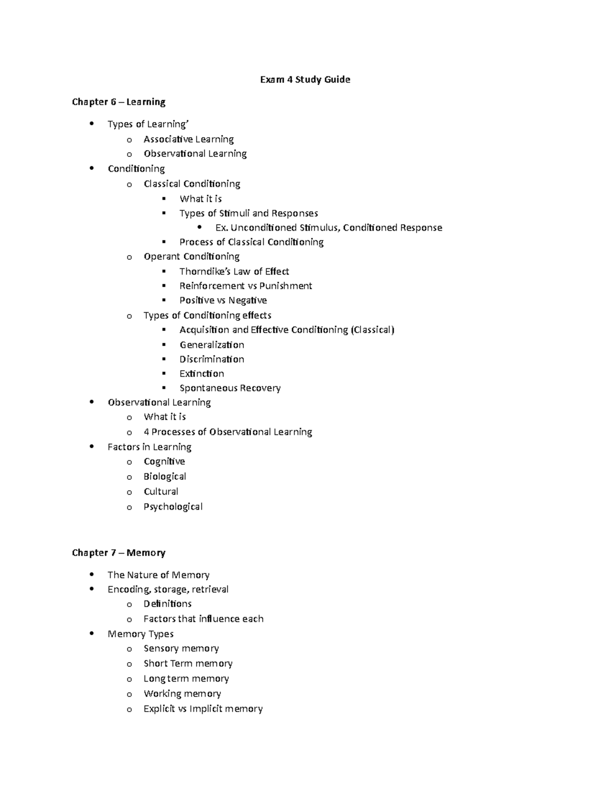 Exam 4 Study Guide - Exam 4 Study Guide Chapter 6 – Learning Types of ...