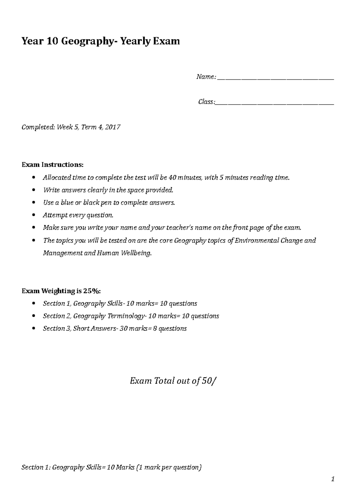 10 Geography exam - exam to use - Year 10 Geography- Yearly Exam Name ...