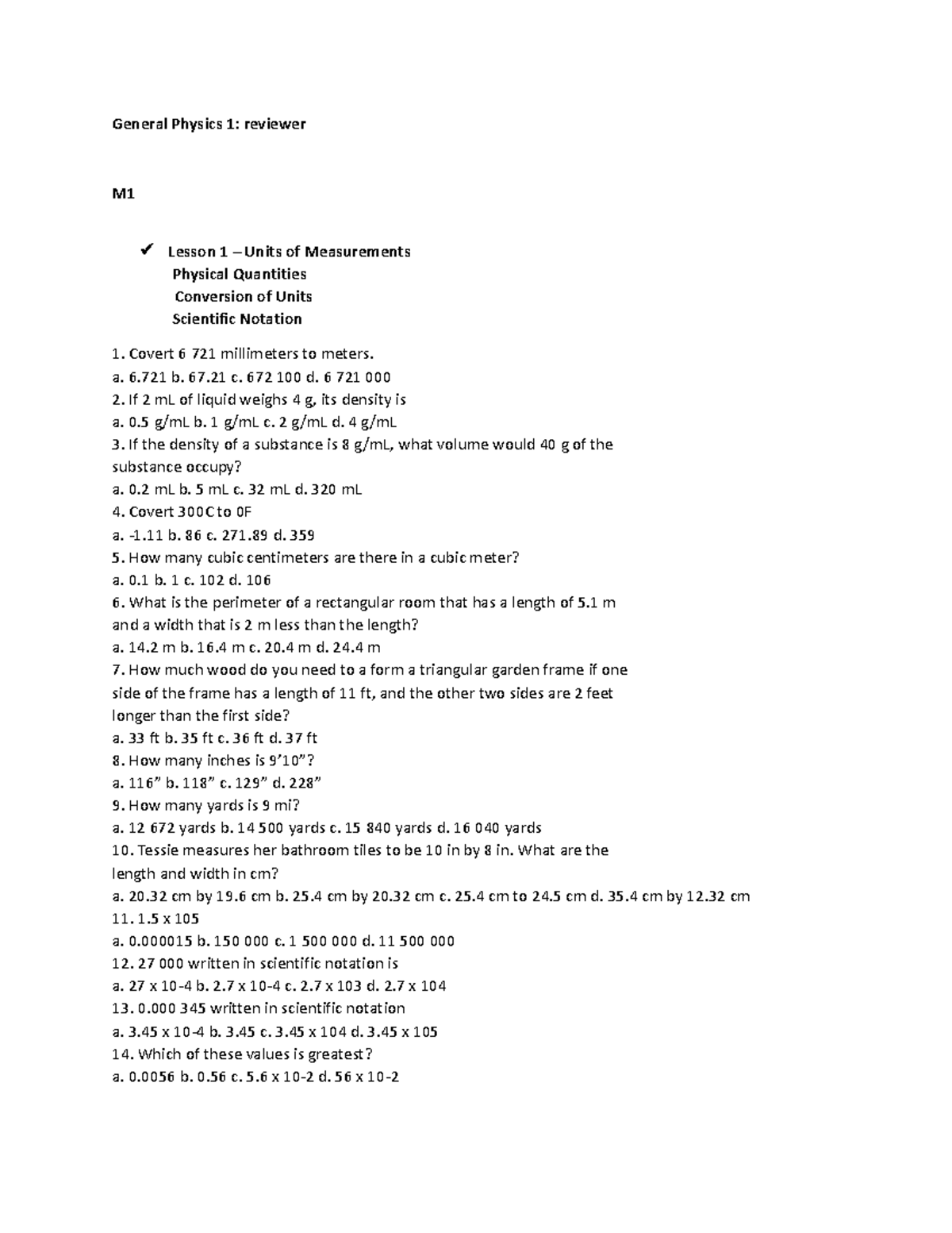General Physics 1( reviewer) - General Physics 1: reviewer M Lesson 1 ...