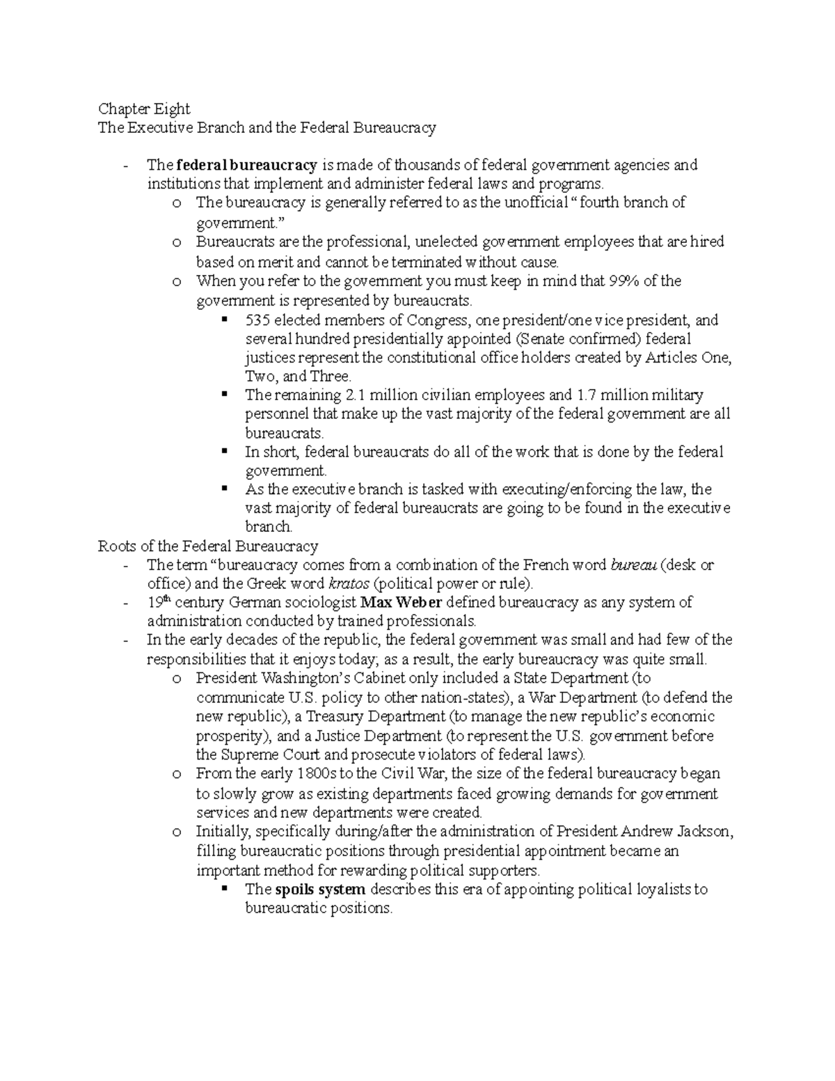8.0 Chapter Eight Notes - Chapter Eight The Executive Branch and the ...