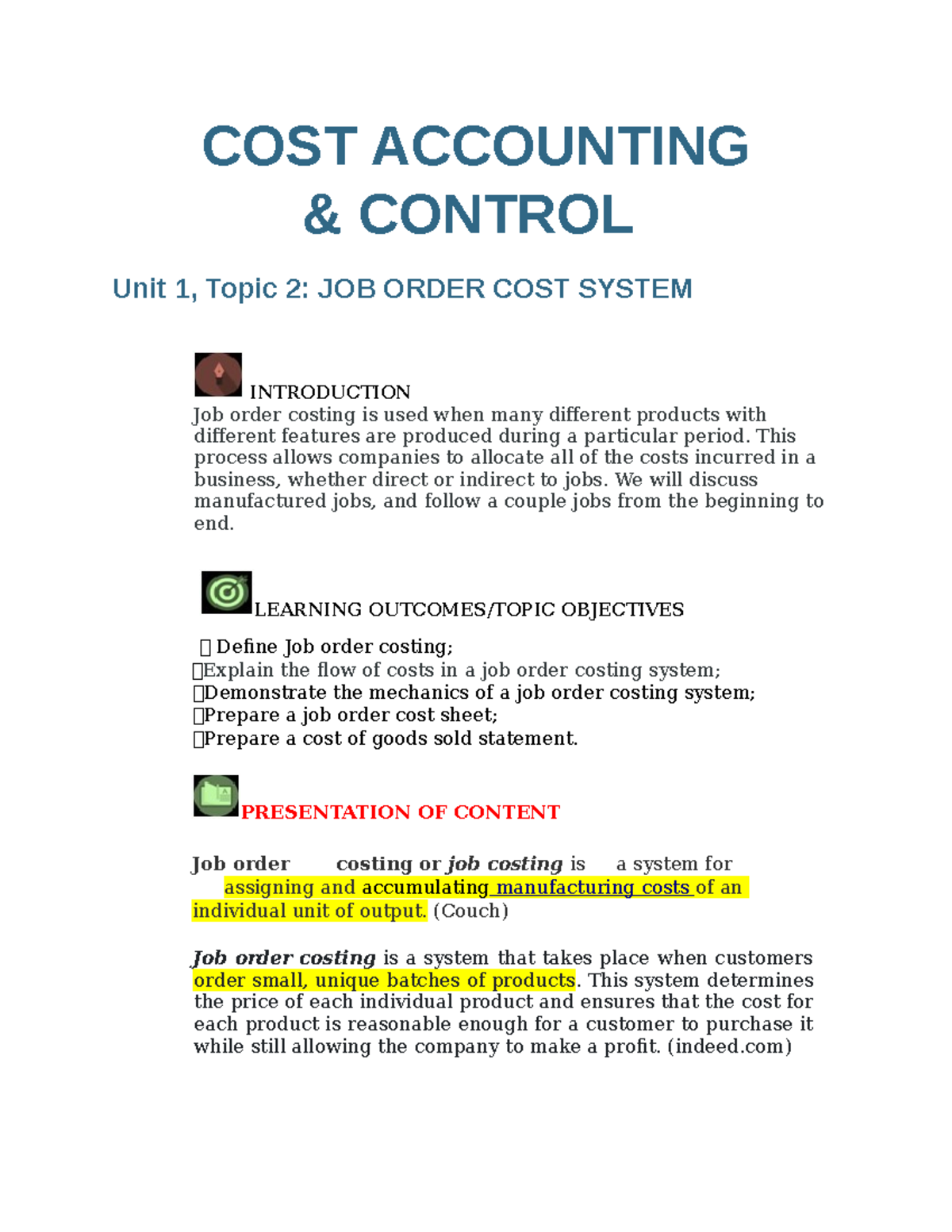 COST Accounting Summarized Topic 2 to 4 - COST ACCOUNTING & CONTROL ...
