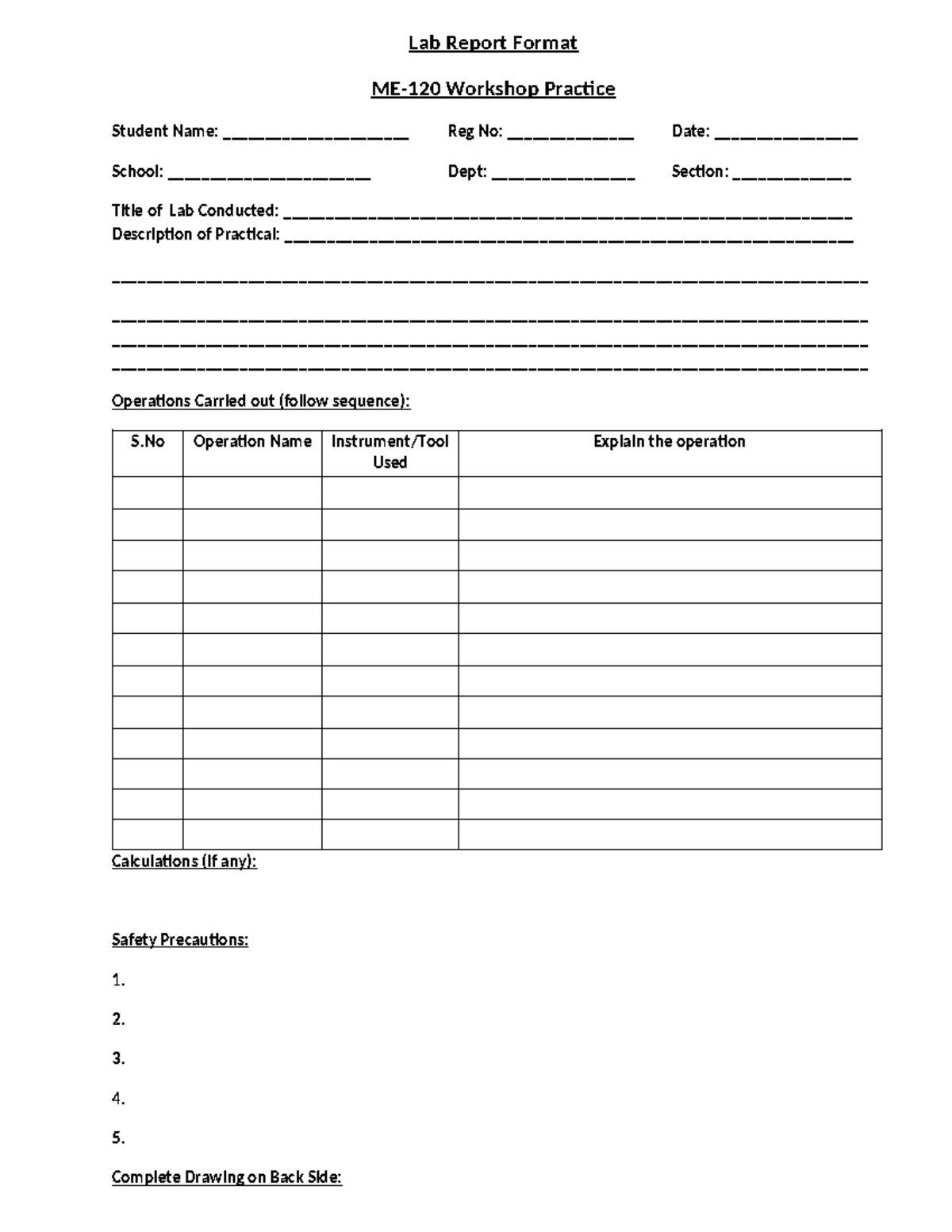 Lab Report Spring 24 ME-120 Workshop Practice - Lab Report Format ME ...
