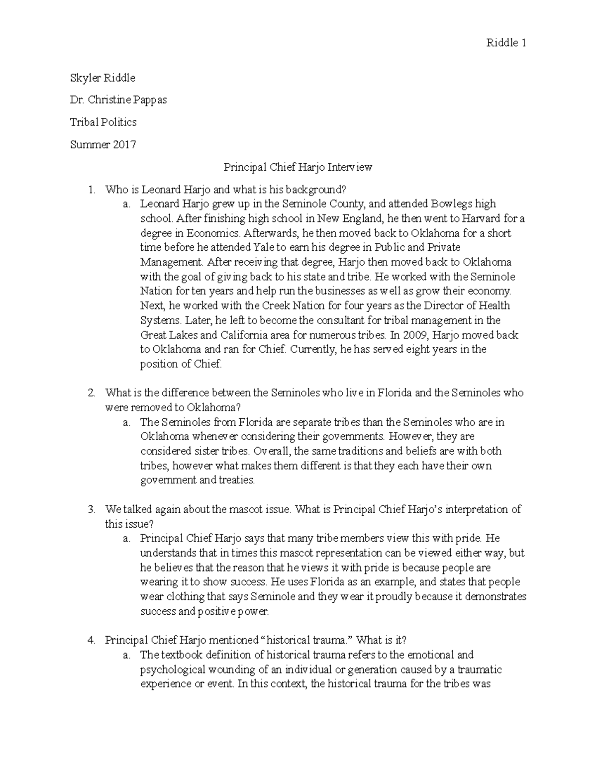 STR Tribal Politics Leonard Harjo Assignment - Riddle 1 Skyler Riddle ...