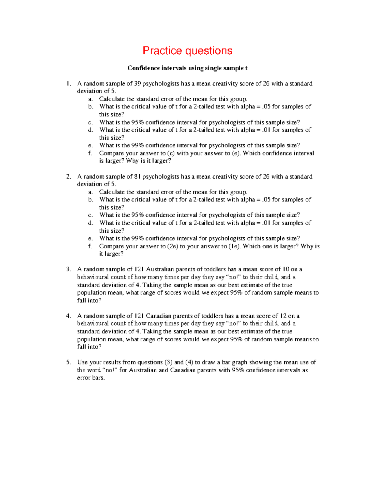 Confidence intervals using single sample t - Practice questions ...