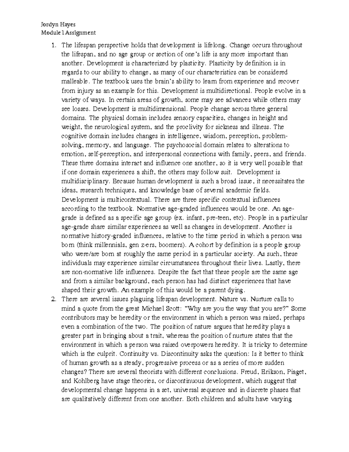 Module Assignment I - Module 1 Assignment The lifespan perspective ...
