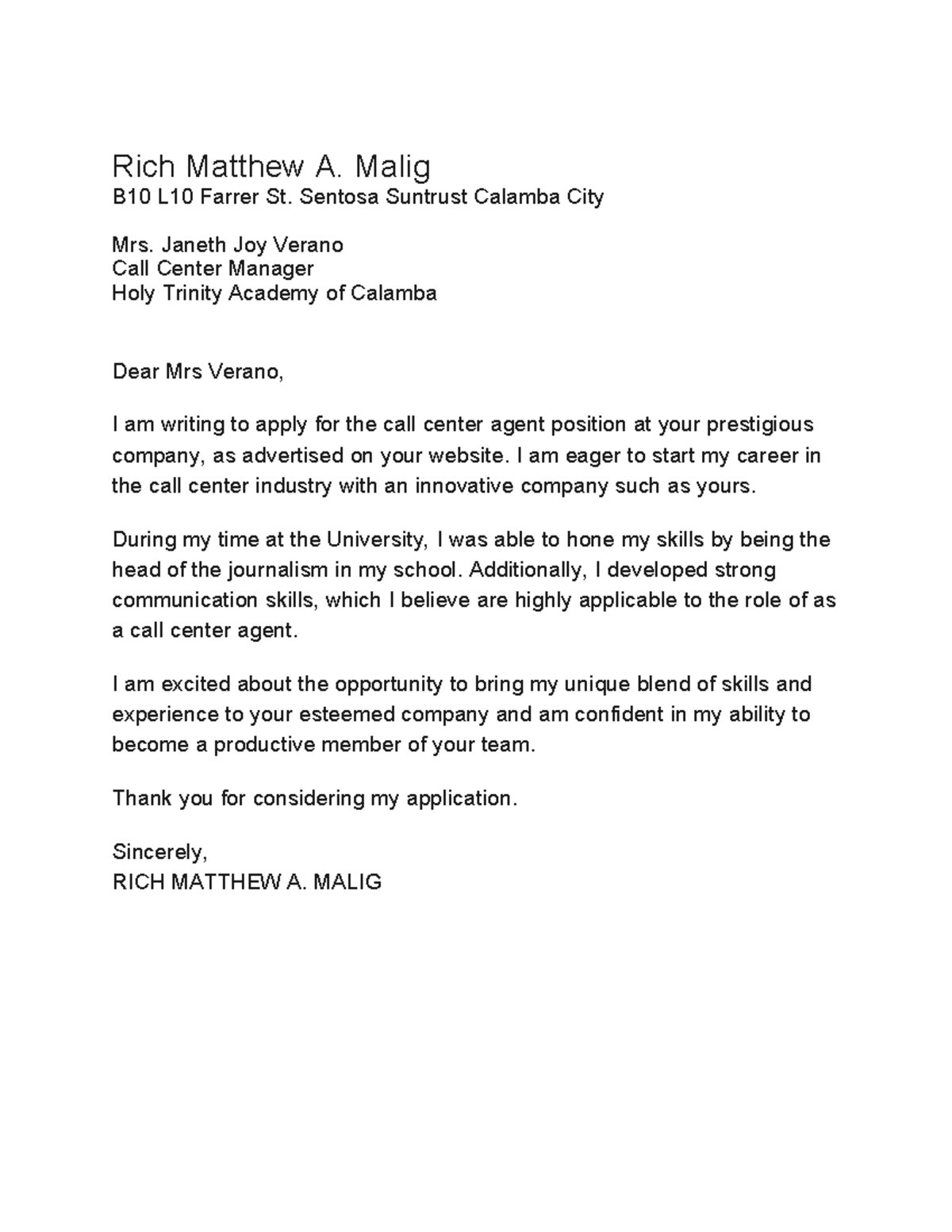Application letter - sgfsf - Rich Matthew A. Malig B10 L10 Farrer St. Sentosa Suntrust Calamba ...