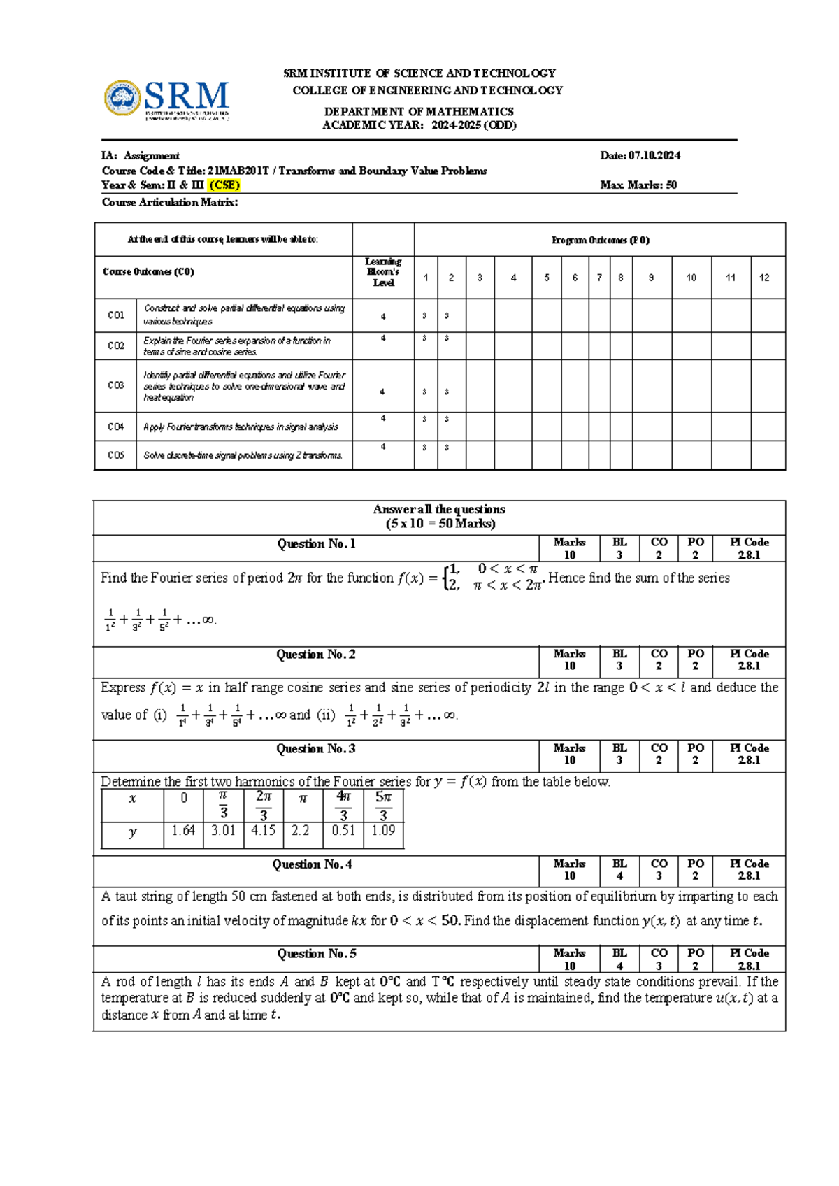 Assignment II-CSE - Worksheet - SRM INSTITUTE OF SCIENCE AND TECHNOLOGY ...