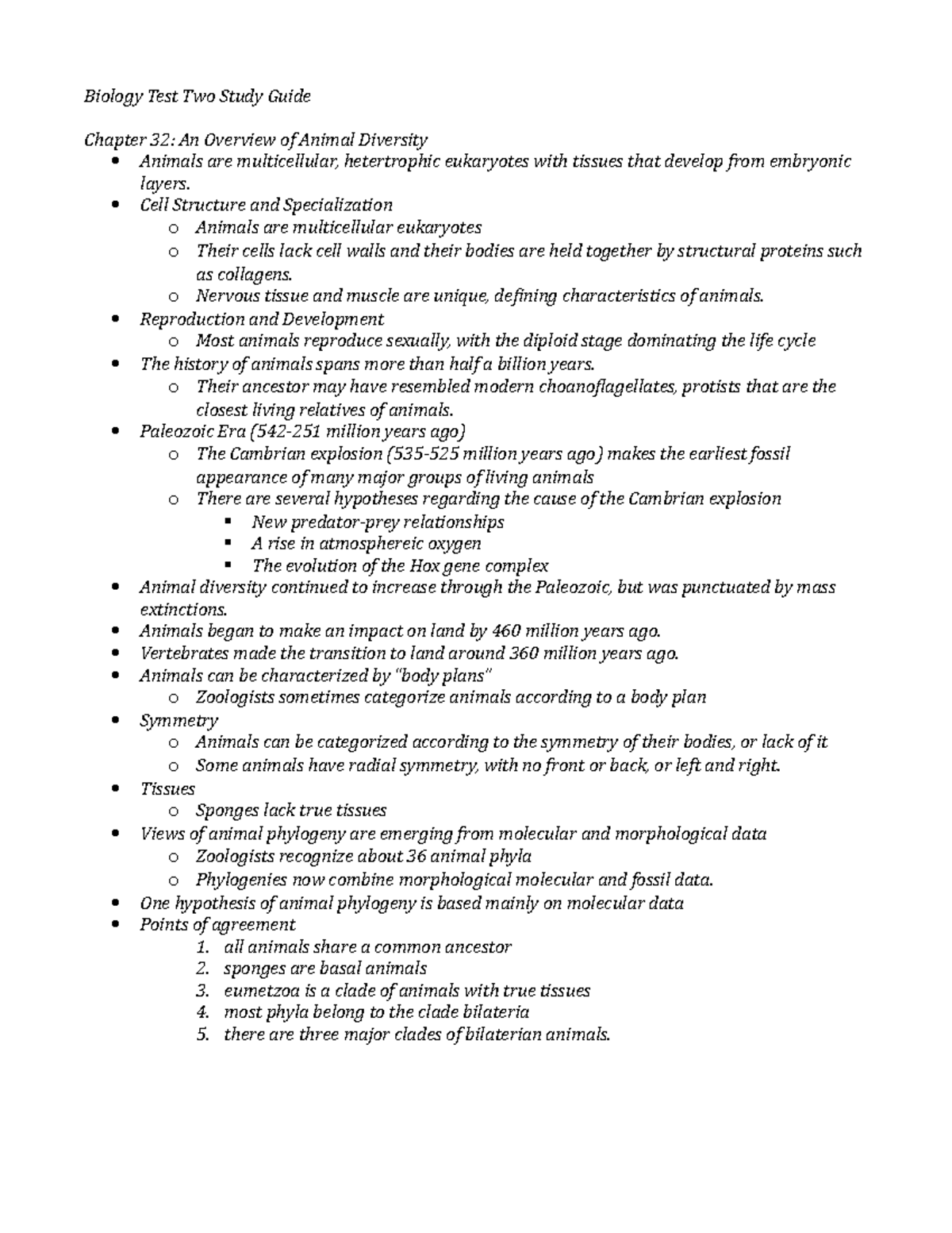 Bio test two study guide - Biology Test Two Study Guide Chapter 32: An ...