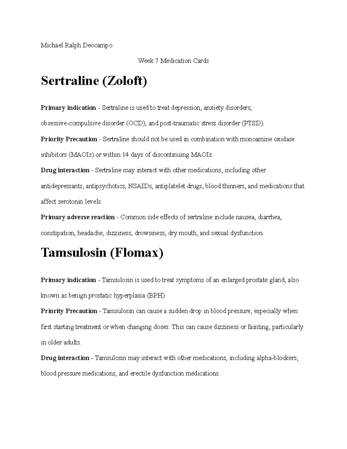 NURS 400 AD MED SURG Week 7 Medication Cards - Michael Ralph Deocampo ...
