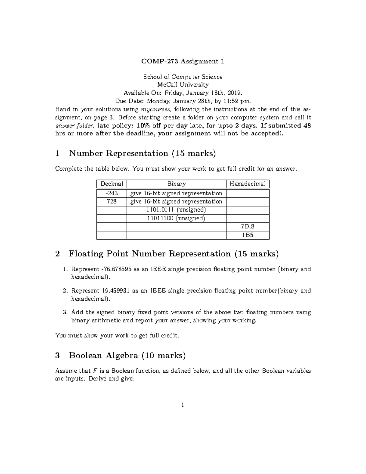 Asg1 - COMP-273 Assignment 1 School of Computer Science McCall University Available On: Friday ...