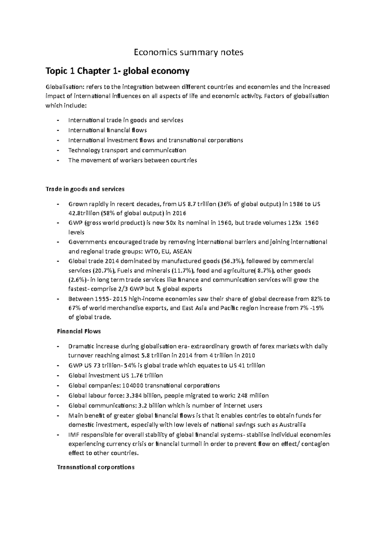 Yr 12Economics summary notes - Economics summary notes Topic 1 Chapter ...