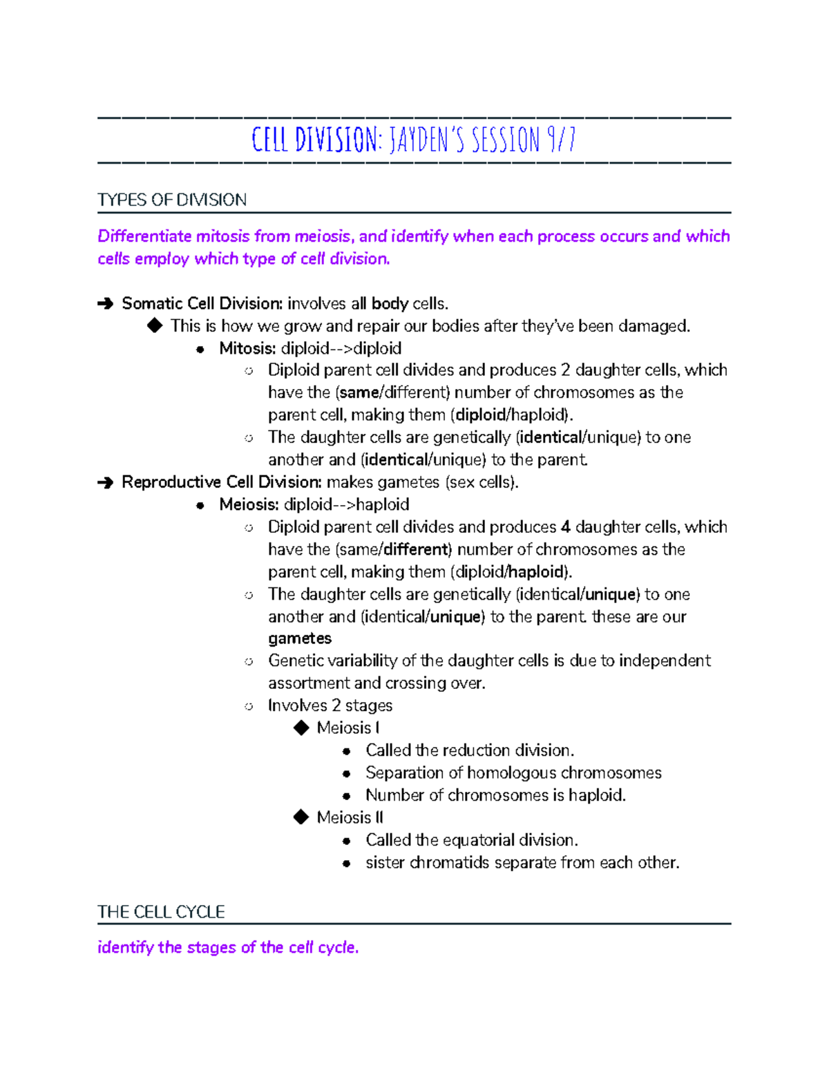CELL Division Worksheet - CELL DIVISION : JAYDEN’S SESSION 9/ TYPES OF ...