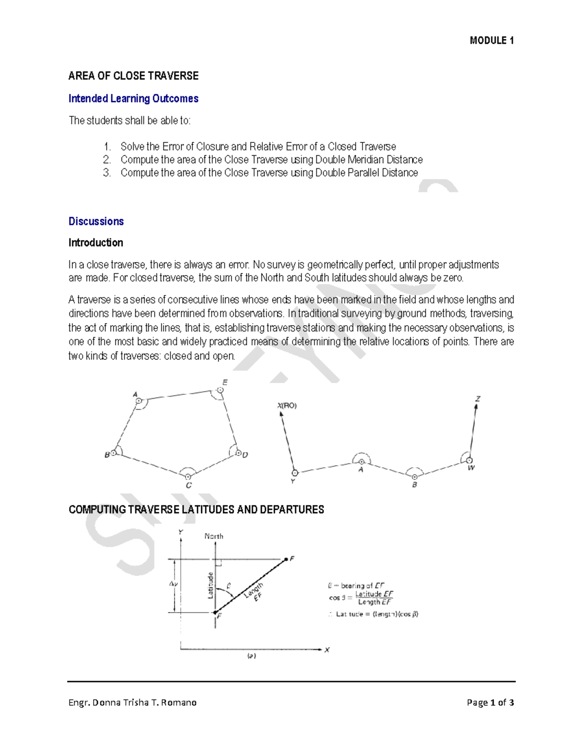 AREA OF Close Traverse - n/a - MODULE 1 Engr. Donna Trisha T. Romano Page 1 of 3 AREA OF CLOSE ...