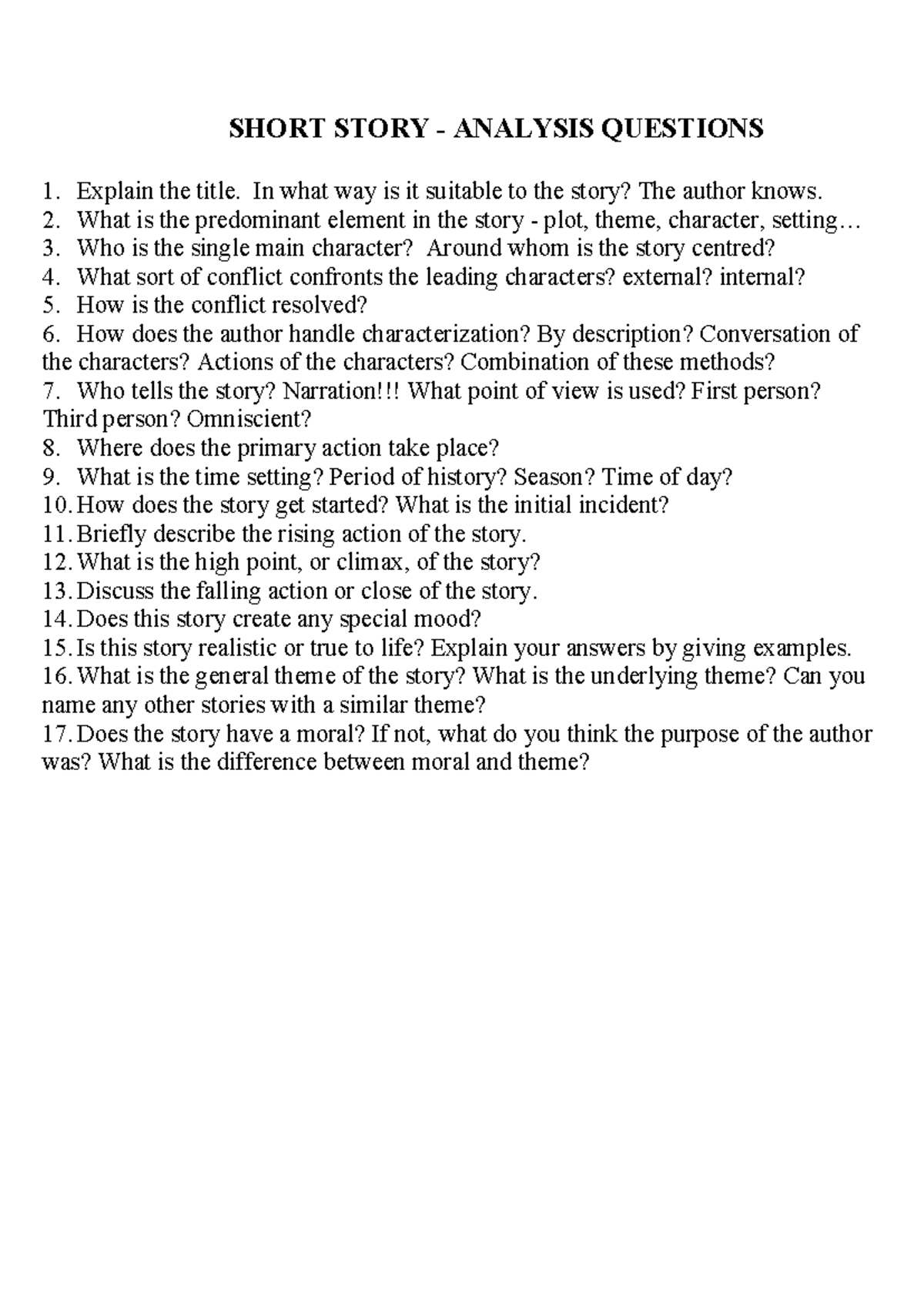 Short Story Questions FOR Class - SHORT STORY - ANALYSIS QUESTIONS 1 ...