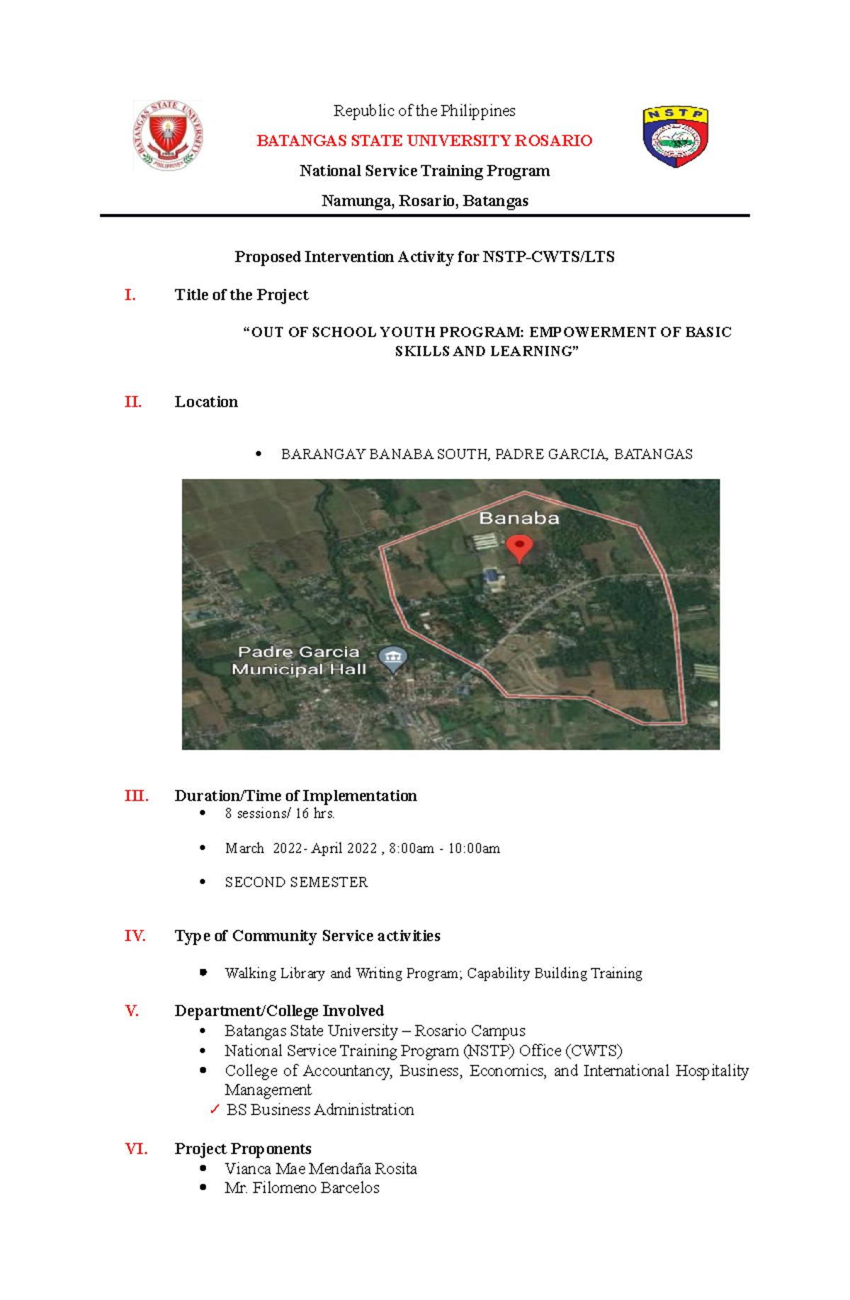 Final Project Proposal Plan Rosita - Republic of the Philippines ...