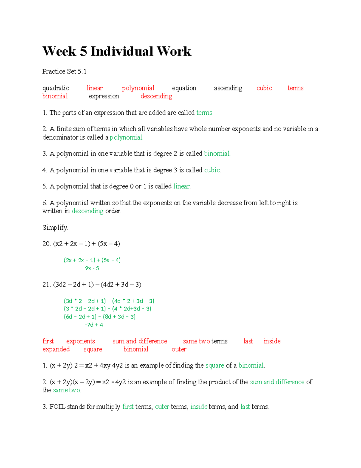 College Algebra - Week 5 Individual Work Practice Set 5. quadratic linear polynomial equation ...