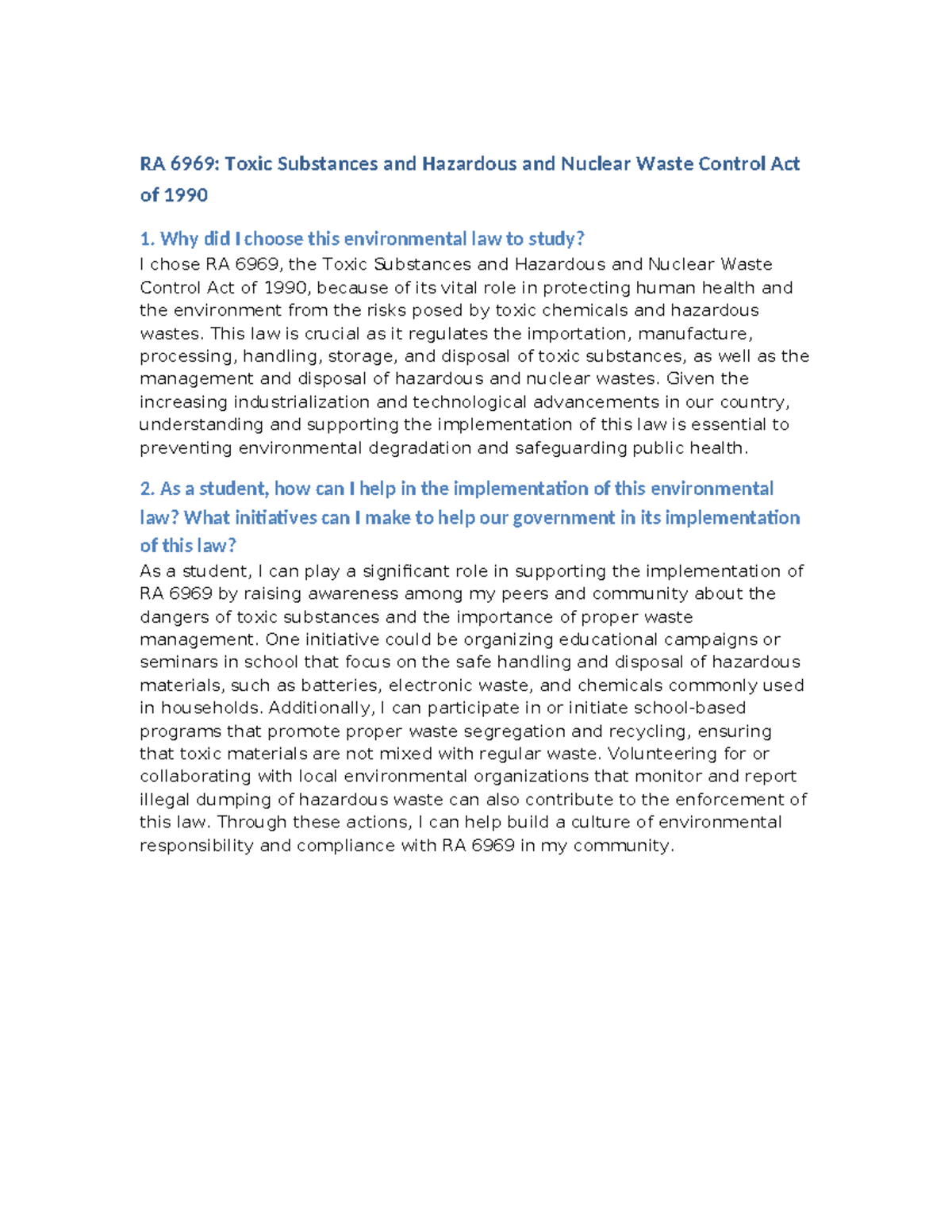 RA 6969 In-Depth Research - RA 6969: Toxic Substances and Hazardous and ...