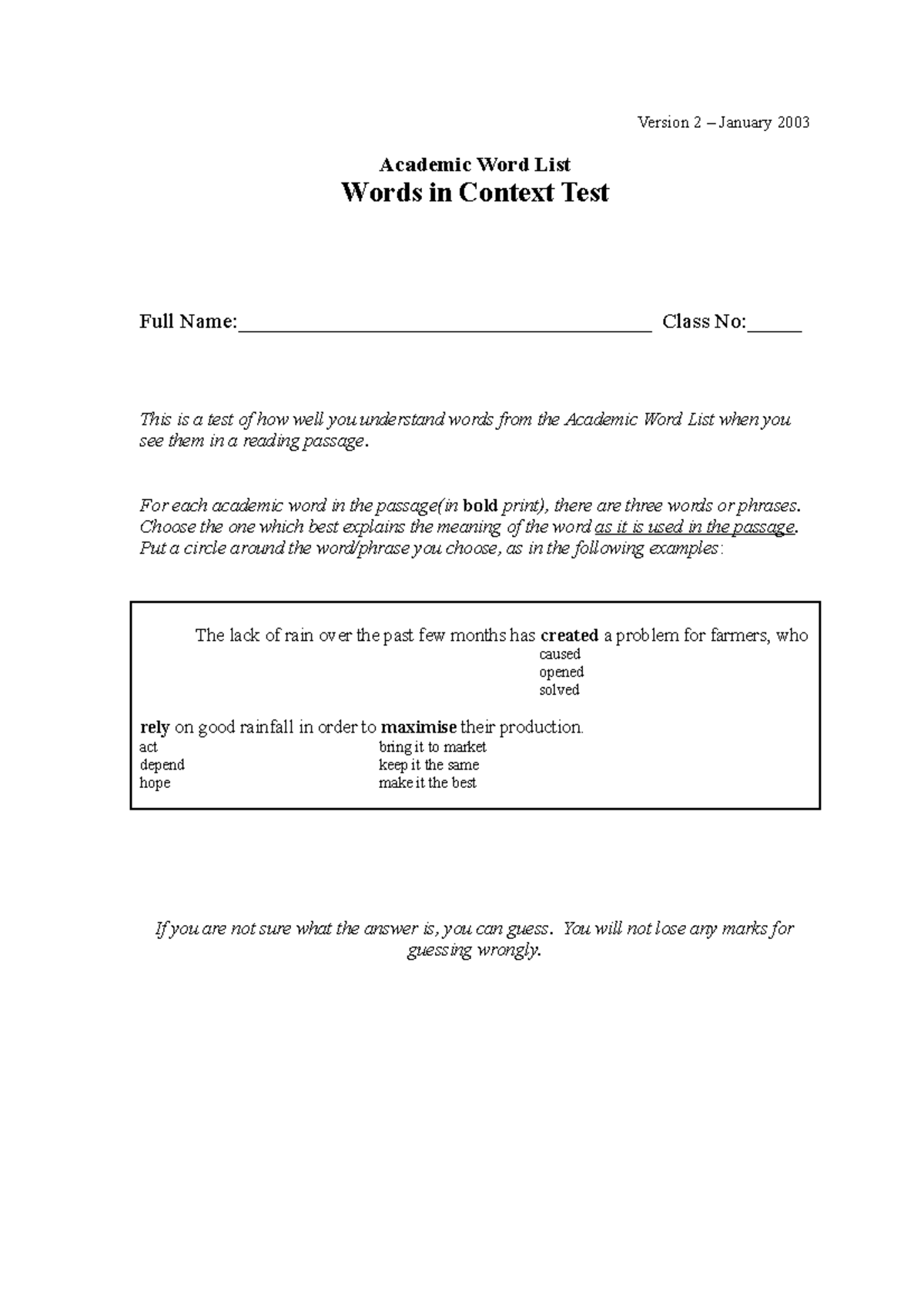 AWL Context Test 1 03 John Read - Version 2 – January 2003 Academic ...