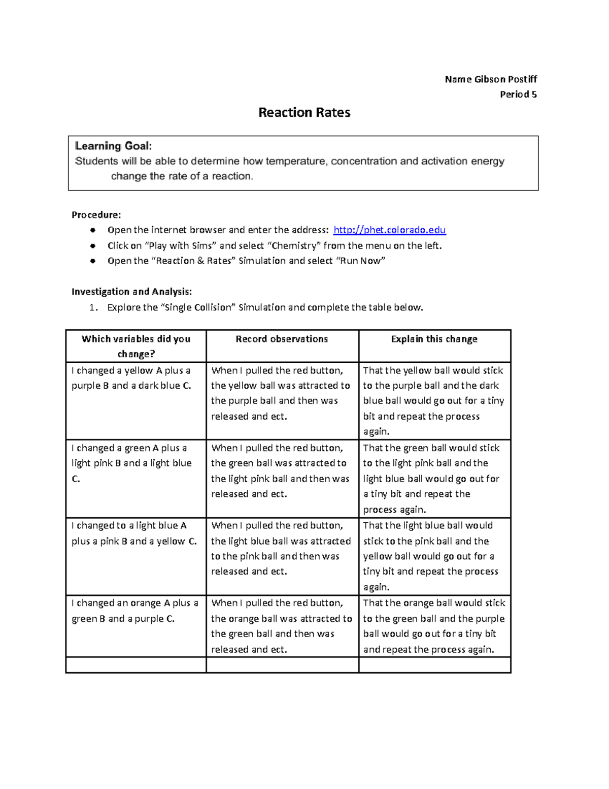 Chemistry Student Handout - Reaction Rates (1)-Gibson Postiff - Name ...