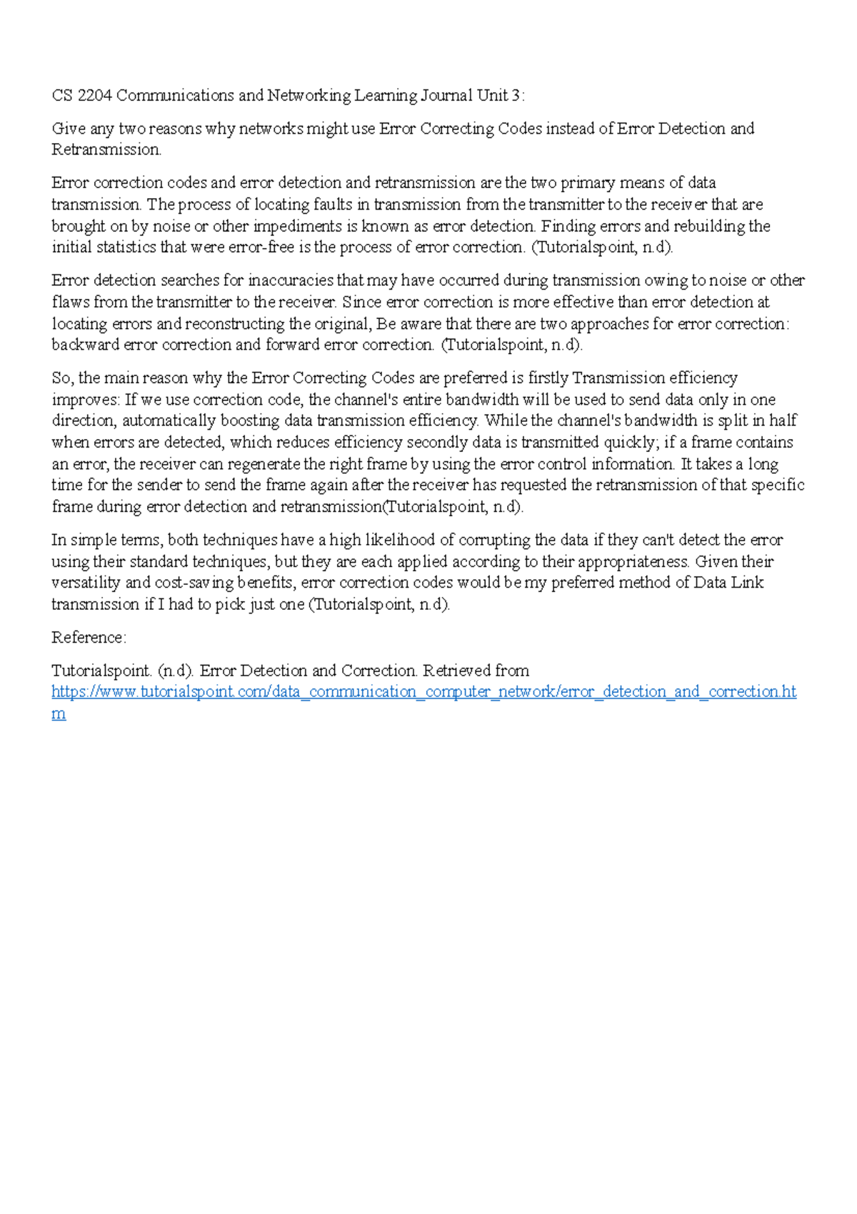 CS 2204 Communications and Networking Learning Journal Unit 3 - Error ...