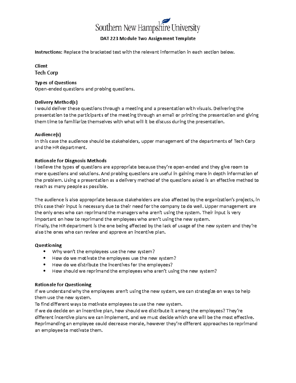 Dat 223 Module Two Assignment Client Tech Corp Types Of Questions Open Ended Questions And