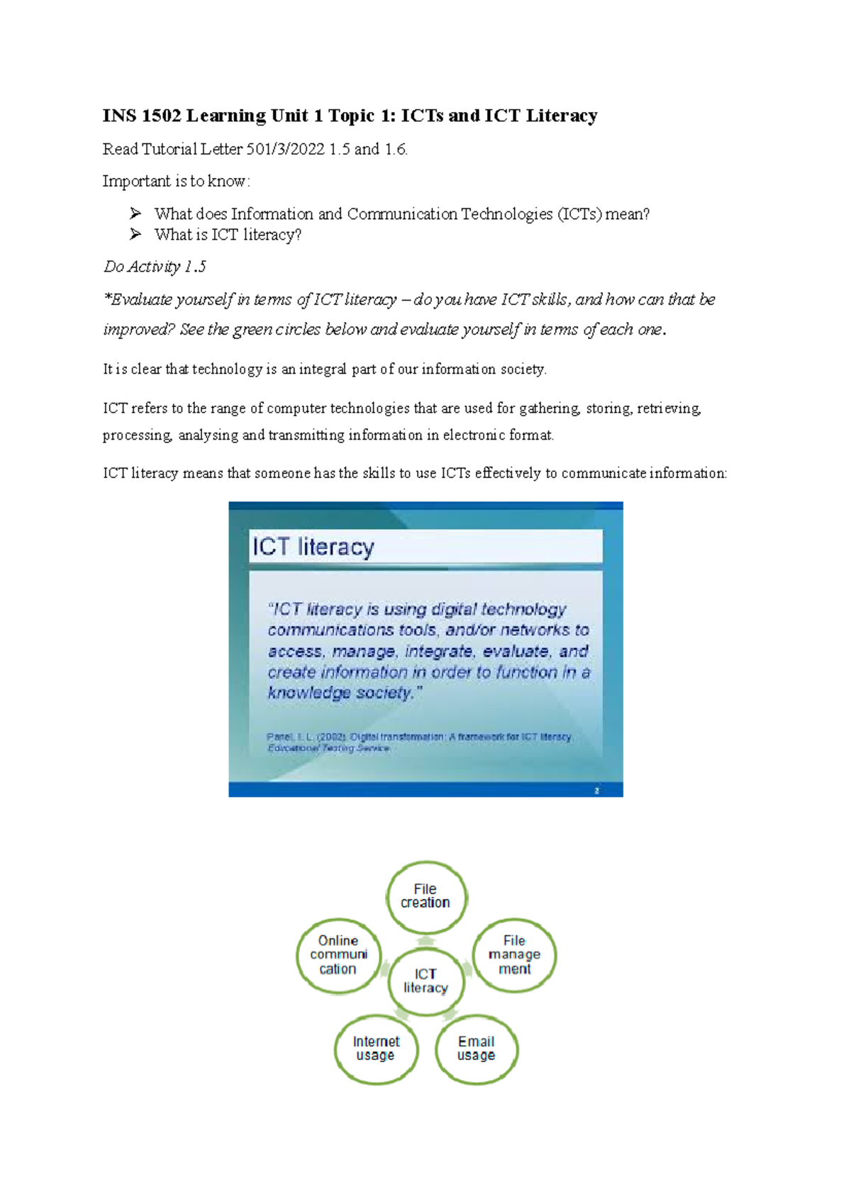 Learning Unit 1 Topic 1 ICTs - INS 1502 Learning Unit 1 Topic 1: ICTs ...