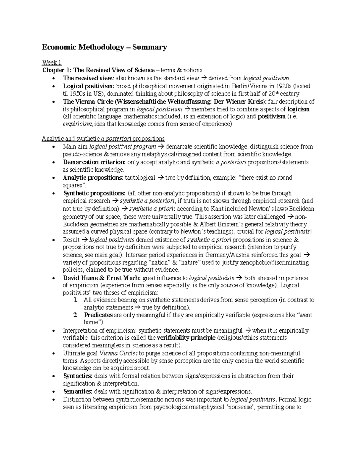 Summary Economic Methodology - Economic Methodology – Summary Week 1 ...